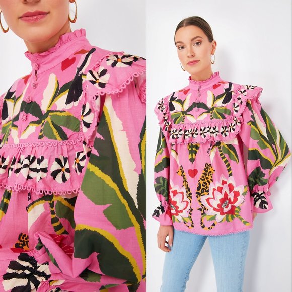 FARM Rio | Tops | Farm Rio New Leopard Forest Pink Long Sleeve Toucan ...